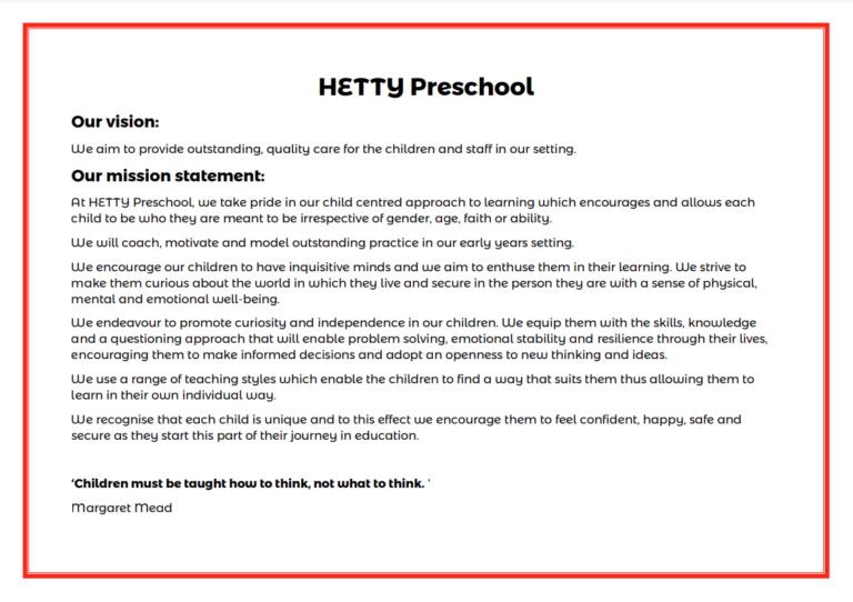 Vision and mission statement – HETTY Preschool
